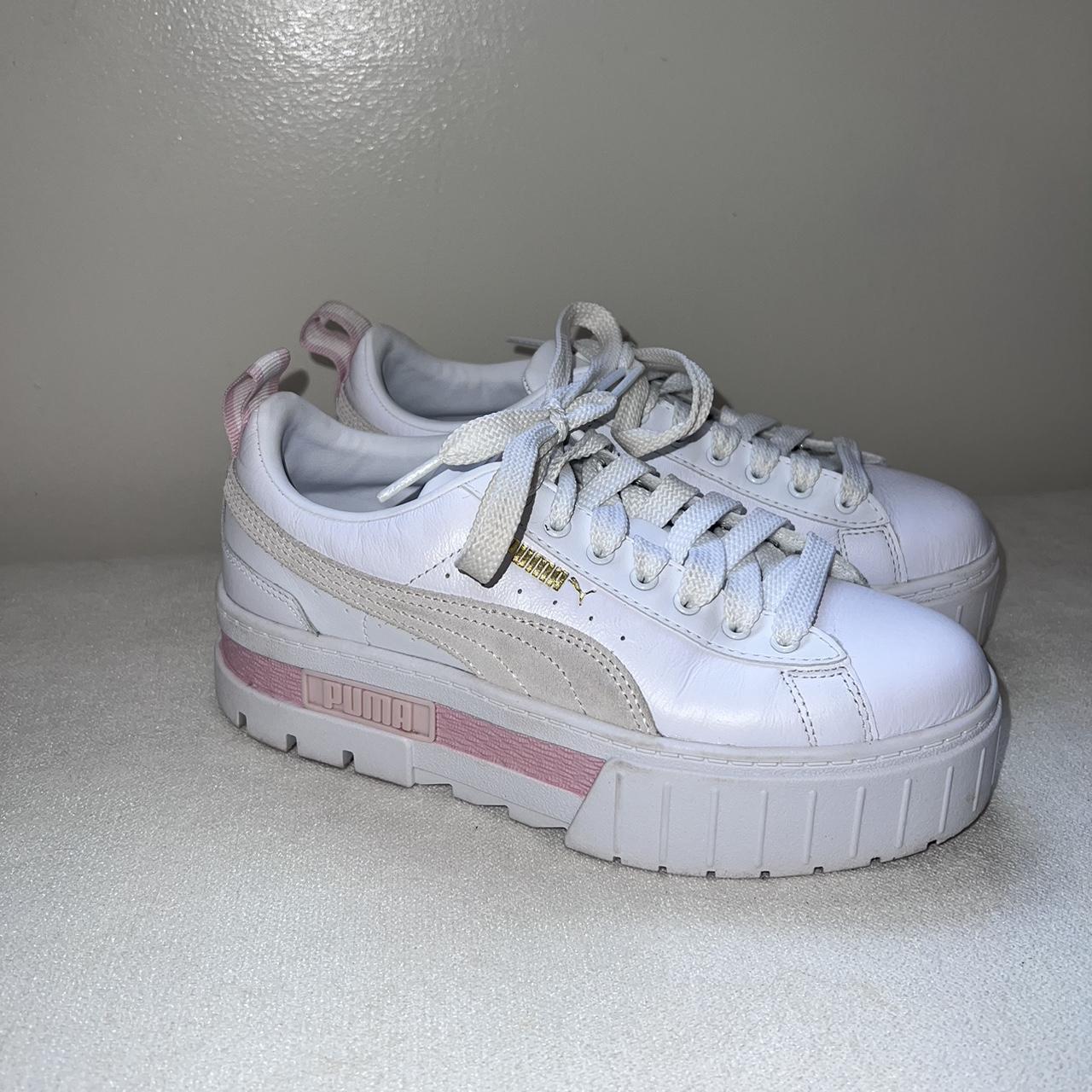 Puma Mayze pink and white Platform trainers worn... - Depop