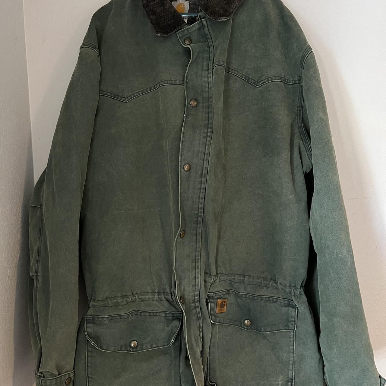 Carhartt Long Chore Coat Green with Black Collar and... - Depop