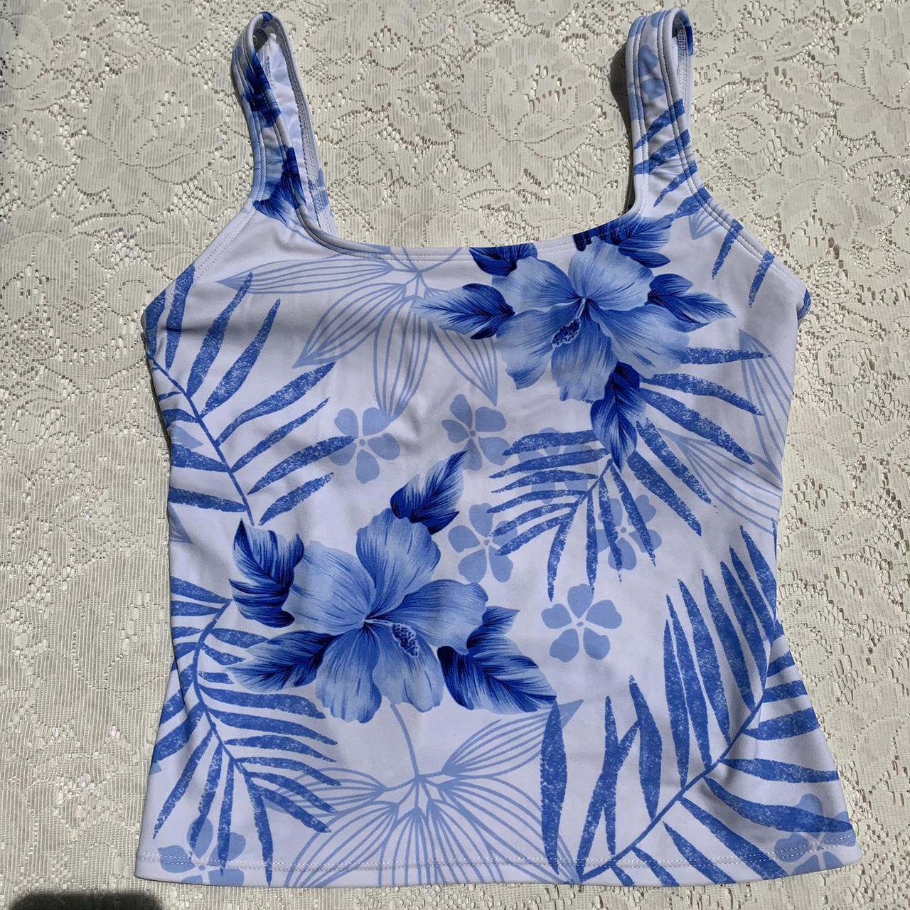 Blue and white coconut girl tropical swim tank,... - Depop