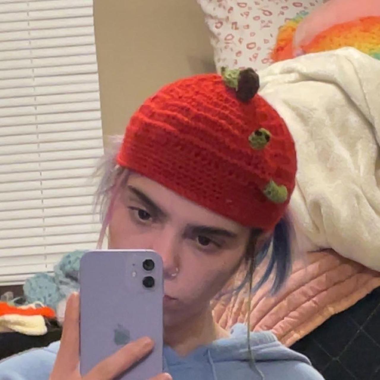APPLE BEANIE 🍎🪱🌱 Comfy cute beanie with crocheted... - Depop
