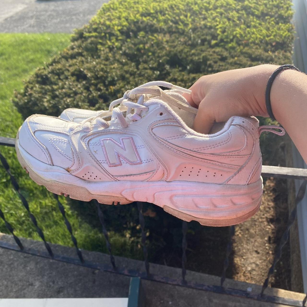 New Balance Women's White and Pink Trainers | Depop