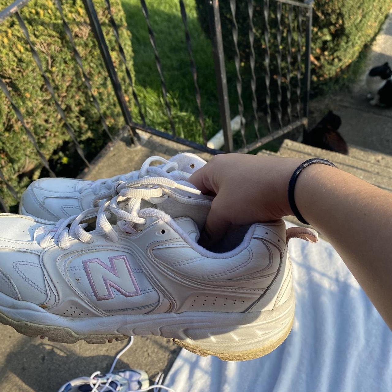 New Balance Women's White and Pink Trainers | Depop
