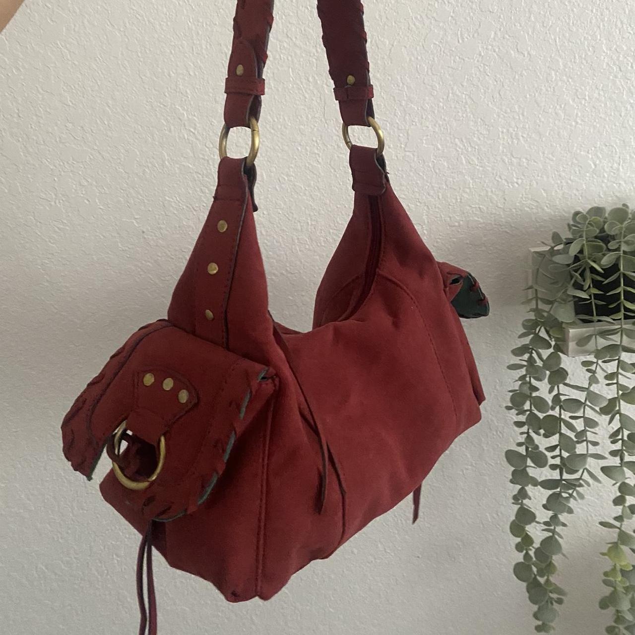 Beautiful red suede shoulder bag with gold hardware... - Depop