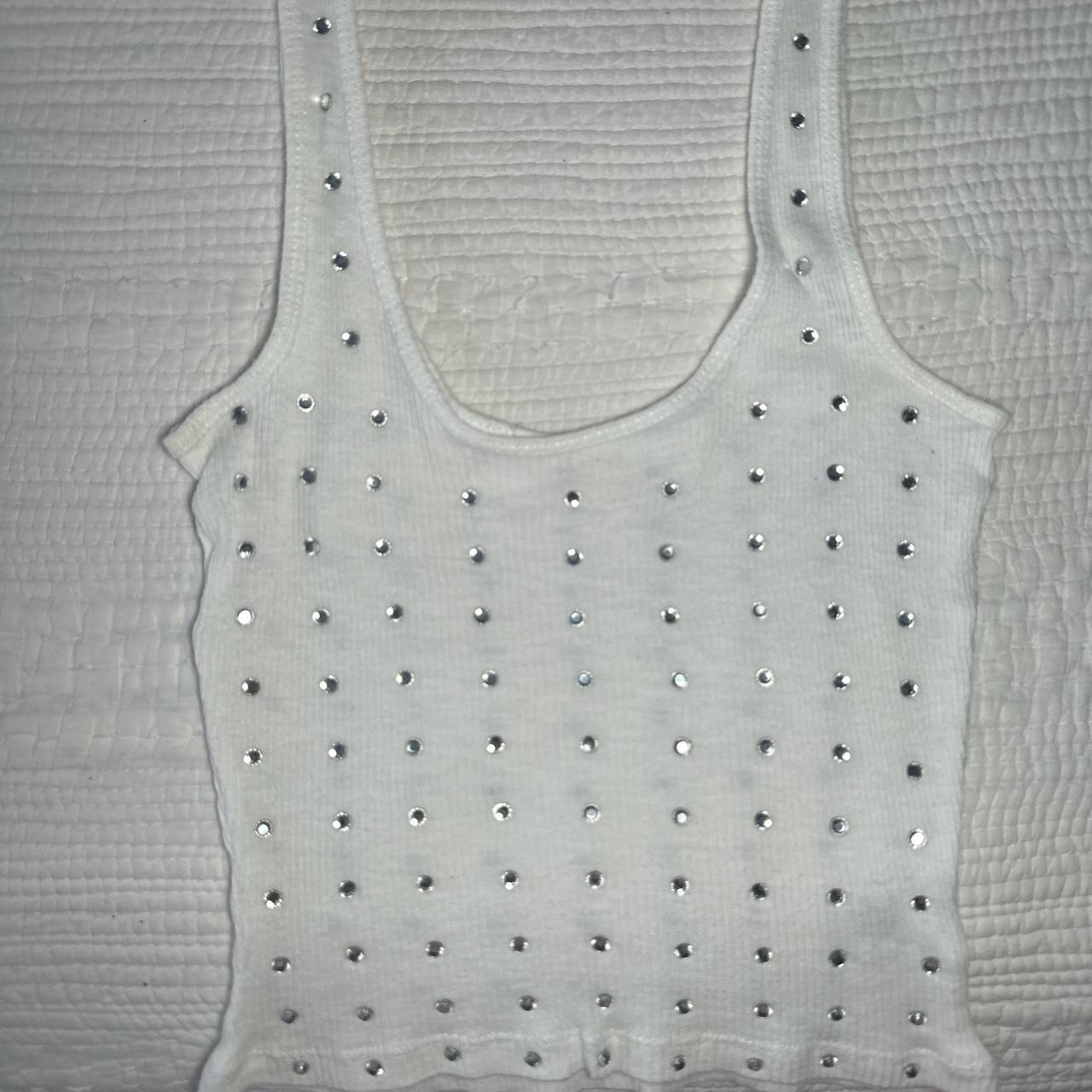 White cotton tank top with rhinestones all around... - Depop