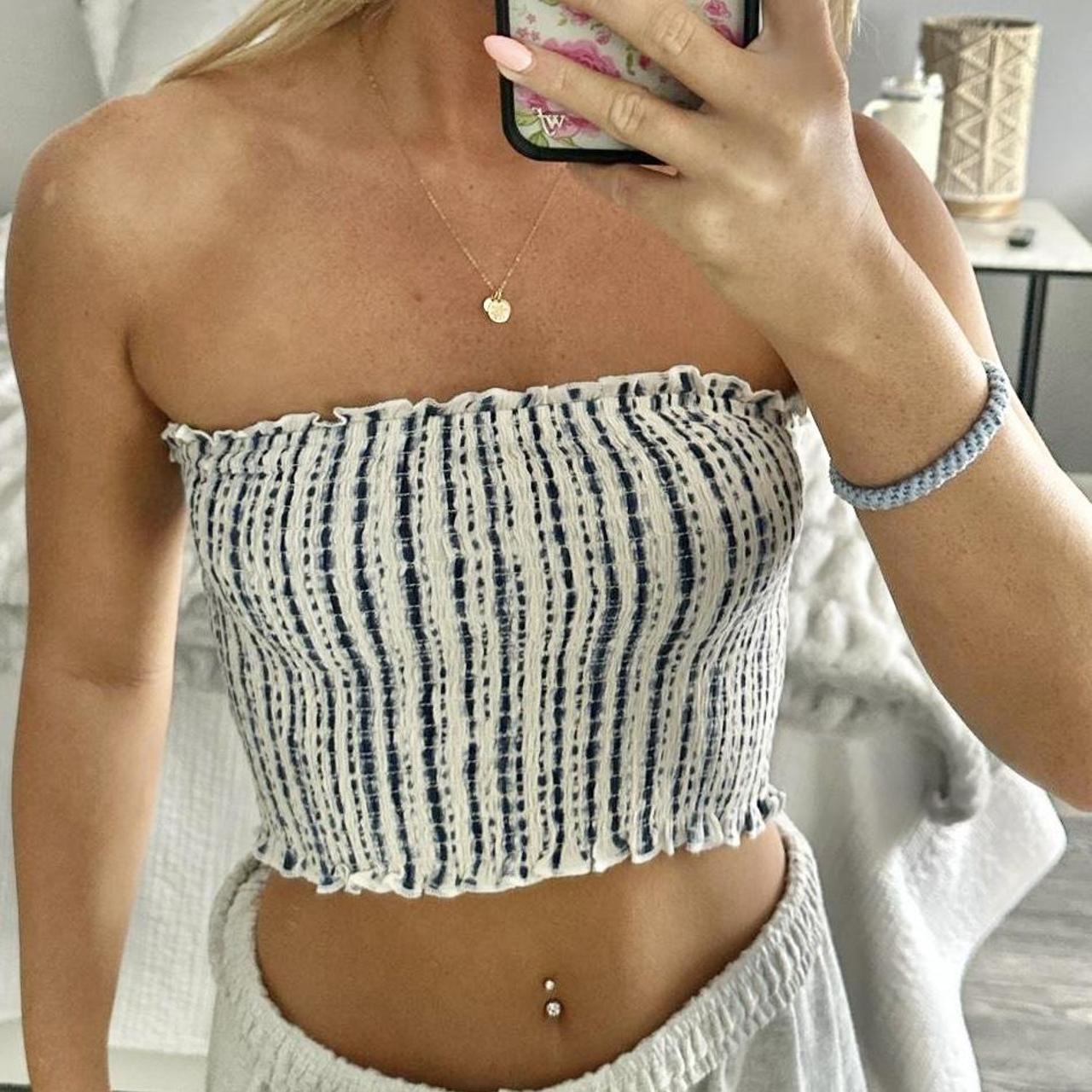 Blue and white patterned tube top Purchased from a... - Depop