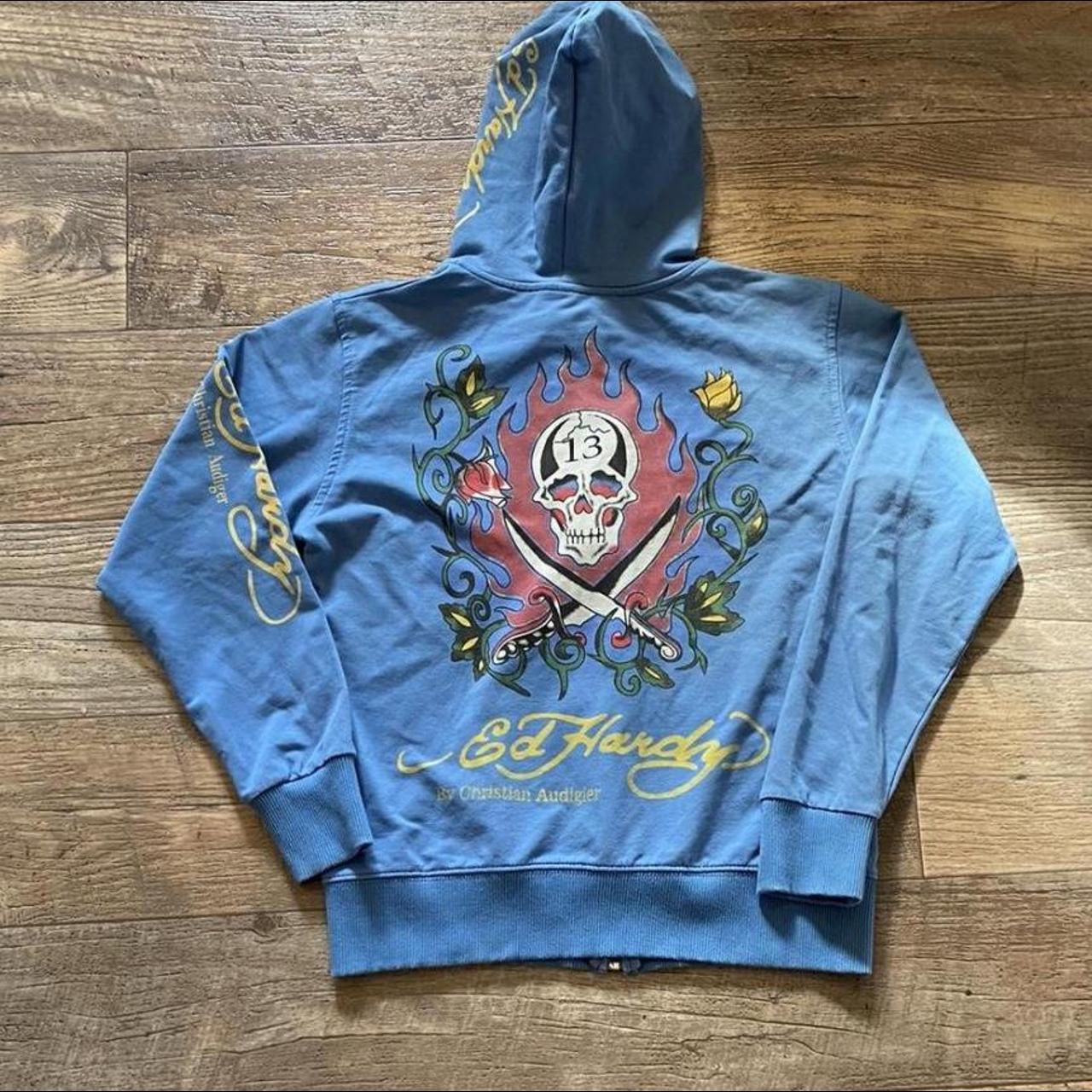 Ed Hardy Women's Blue Hoodie | Depop