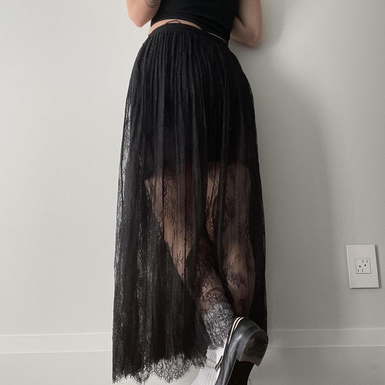 black lace maxi skirt sheer pleated fully lace... - Depop