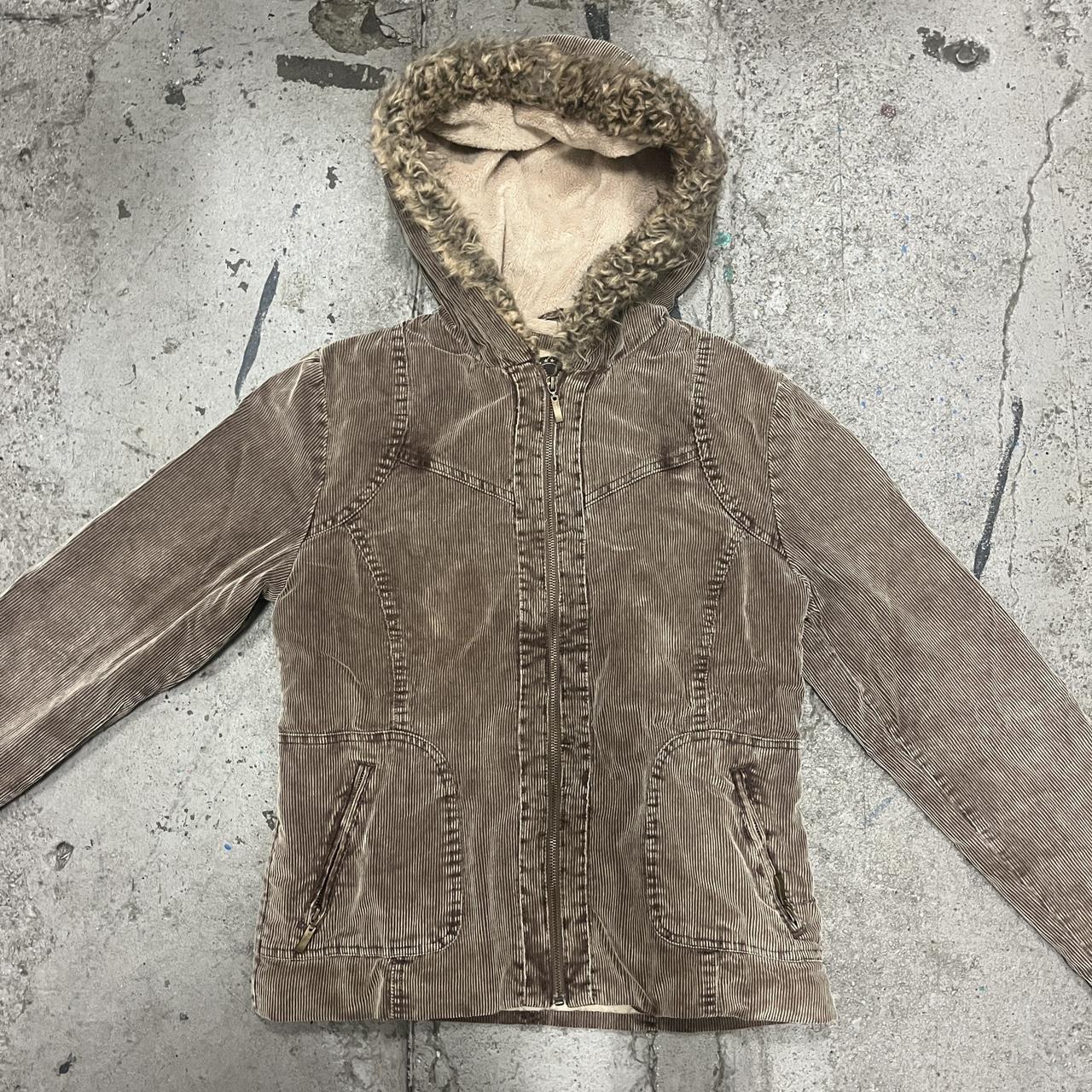 giacca brown corduroy jacket with fur hood and... - Depop