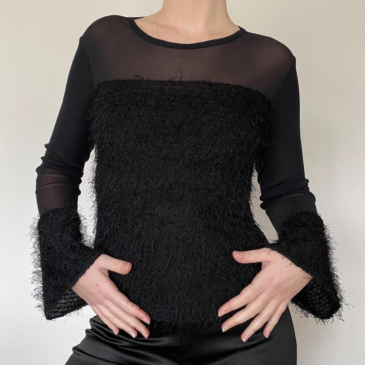 Y2k black fuzzy sheer mesh long sleeve top Fuzzy... - Depop