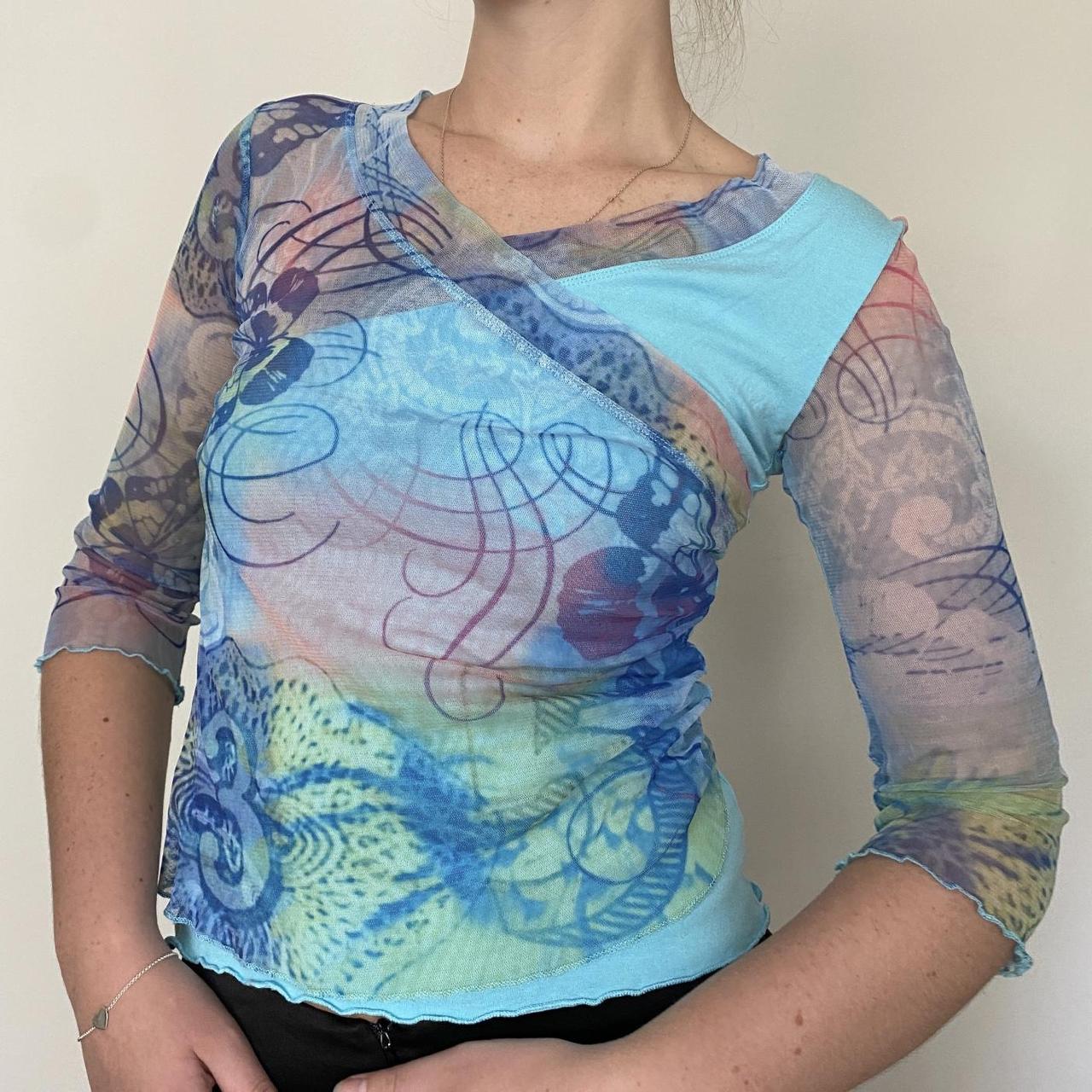 Y2k blue sheer mesh graphic top Cropped 3/4... - Depop