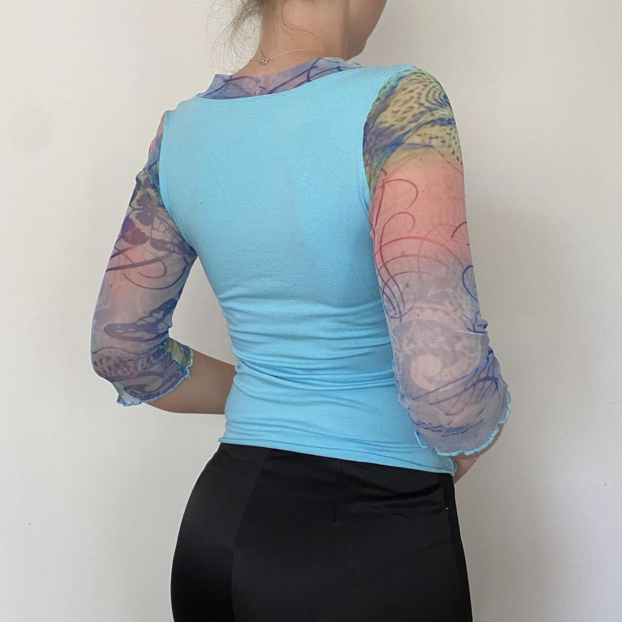 Y2k blue sheer mesh graphic top Cropped 3/4... - Depop