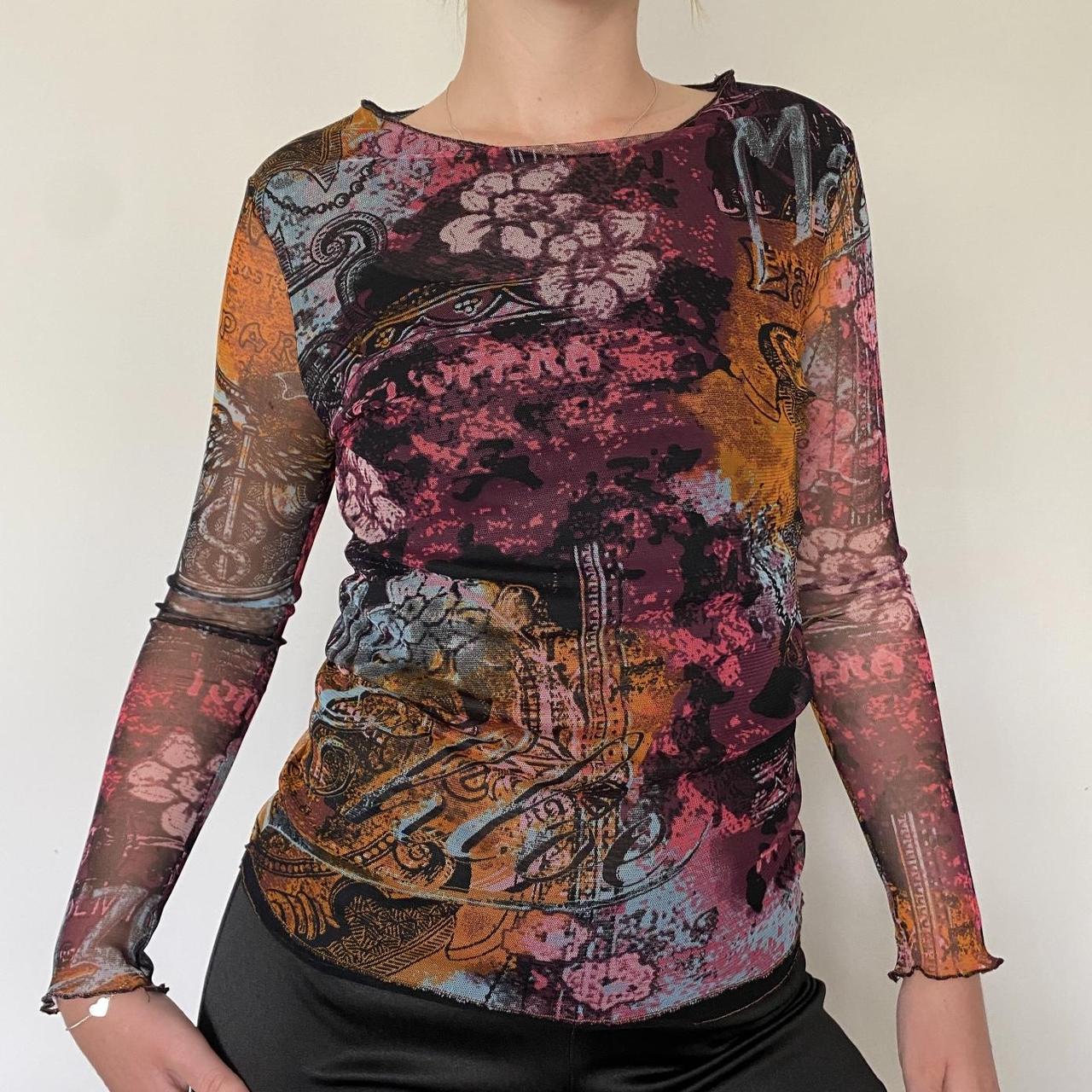 Y2k multicoloured sheer mesh graphic top Double... - Depop