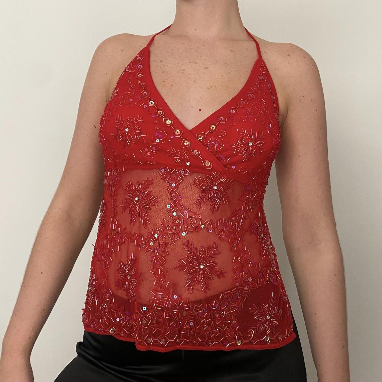 Y2k red beaded backless top Tie halterneck and... | Depop