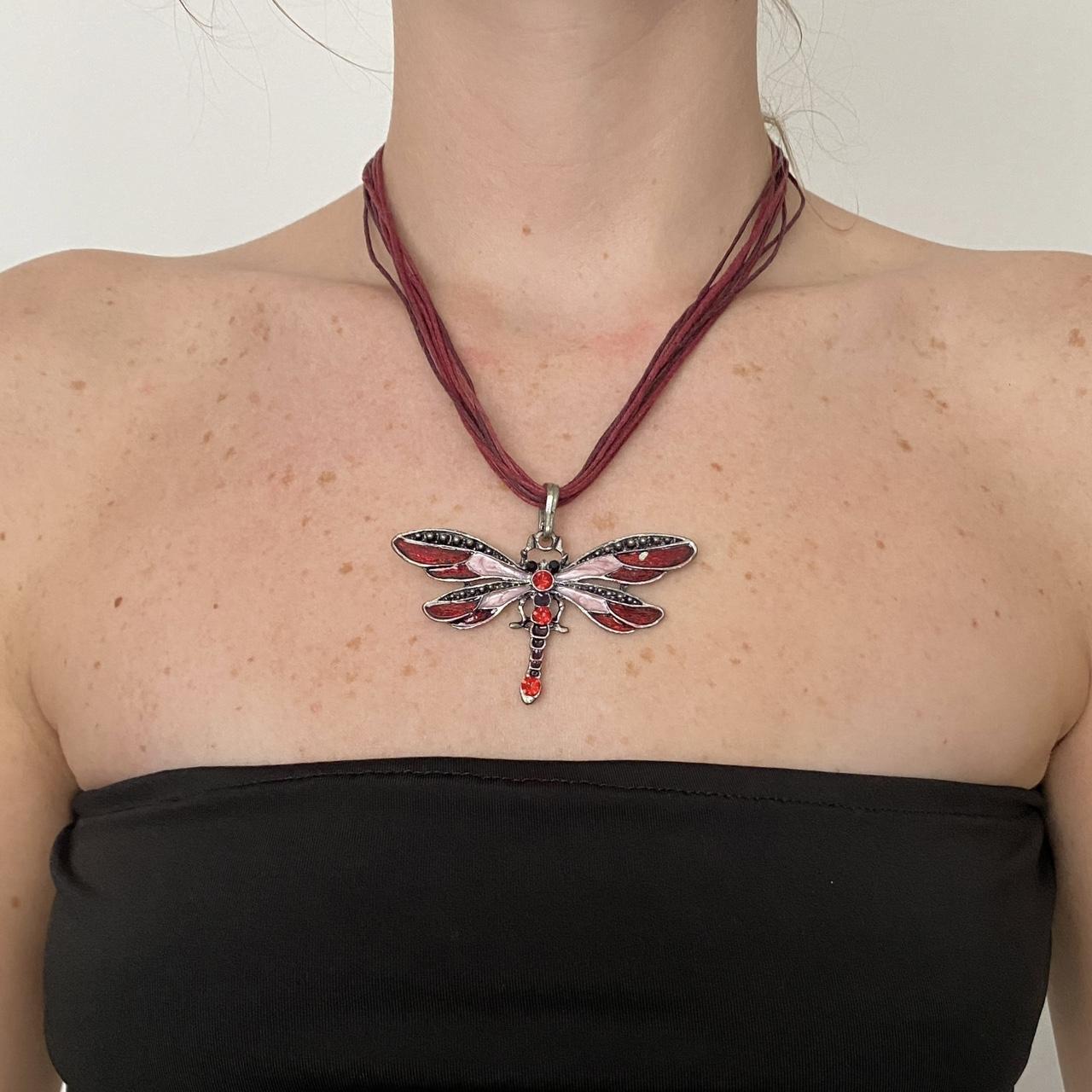 Y2k red and pink dragonfly pendant statement... - Depop