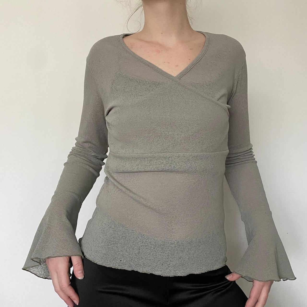 Y2k green sheer mesh crossover top Flared... - Depop