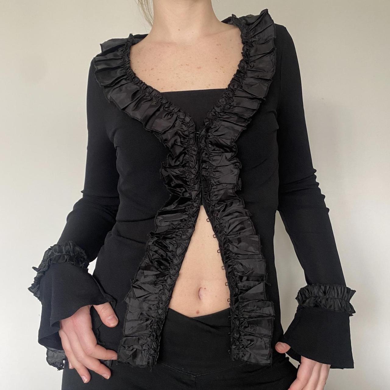 Y2k black sheer mesh ruffle top Hook & eye... - Depop