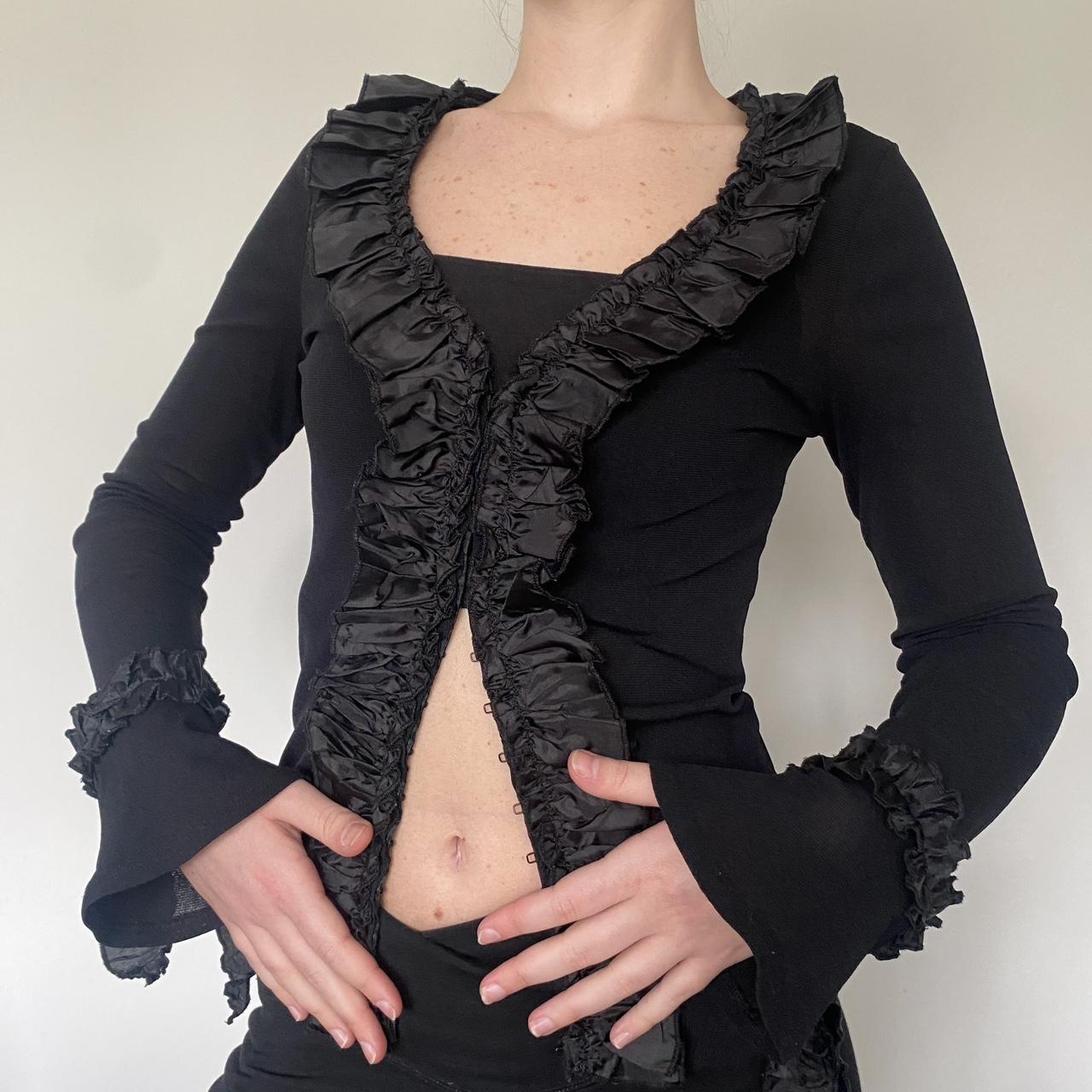 Y2k black sheer mesh ruffle top Hook & eye... - Depop