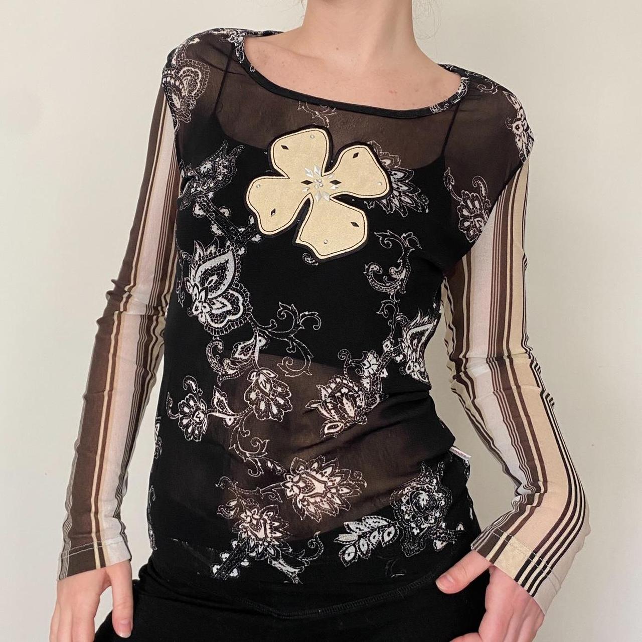 Y2k black and cream sheer mesh top Flower motif on... - Depop
