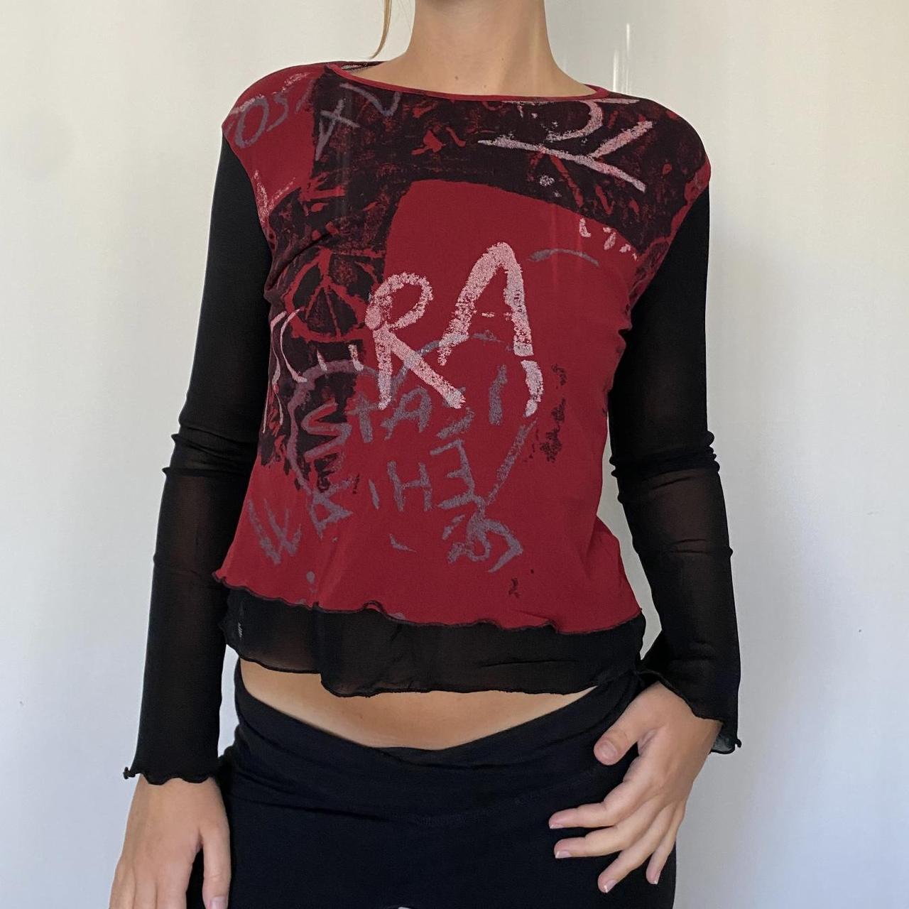 Y2k black & red sheer mesh graphic top Double... - Depop