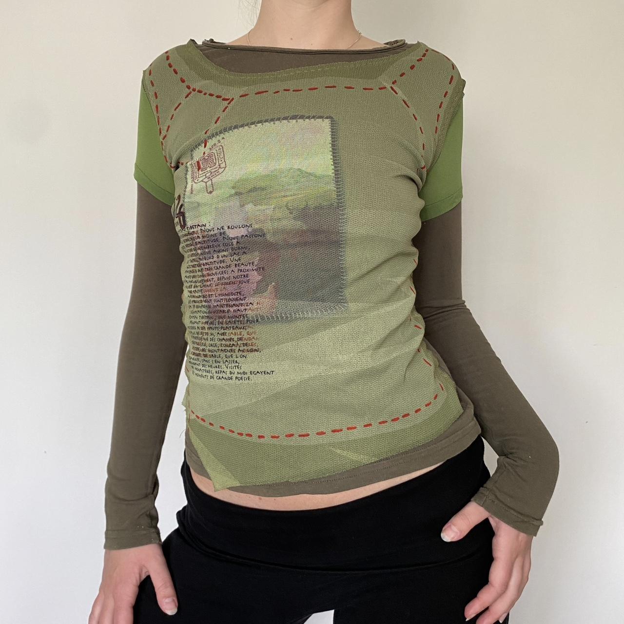 Y2k green mesh graphic long sleeve top Double... | Depop