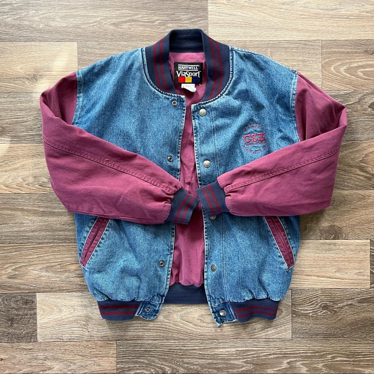 Vintage 90s CSX embroidered colorblock denim bomber... - Depop