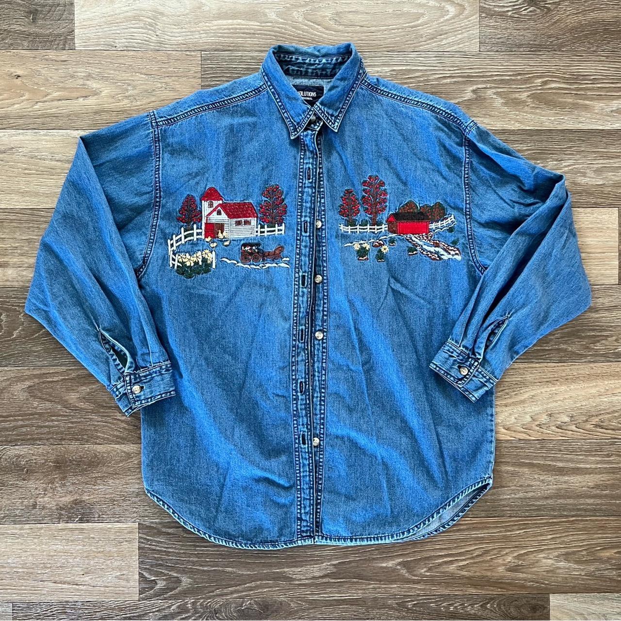 Vintage solutions denim farm embroidered button up... - Depop
