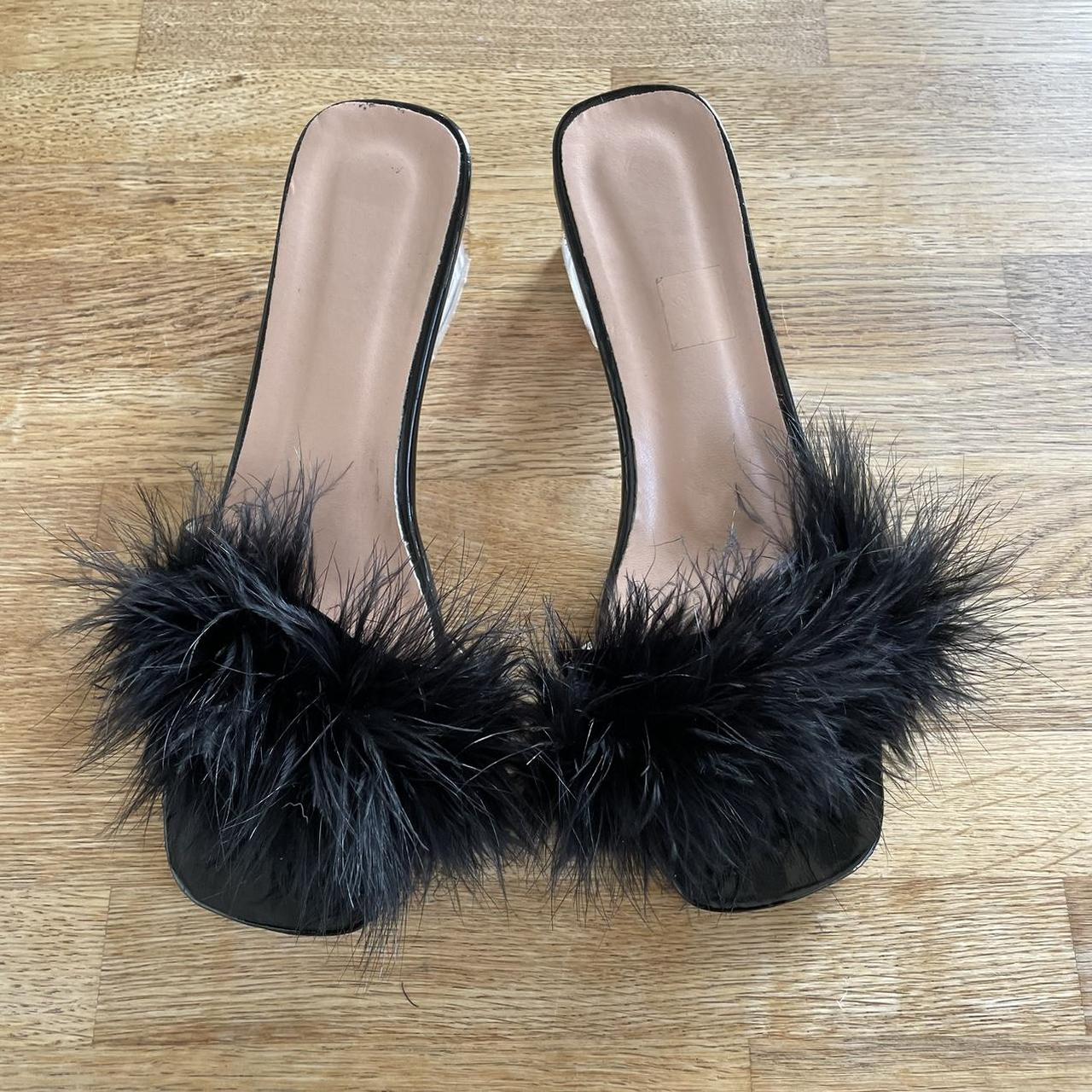 Fluffy mules with clear perspex kitten heel. -... - Depop