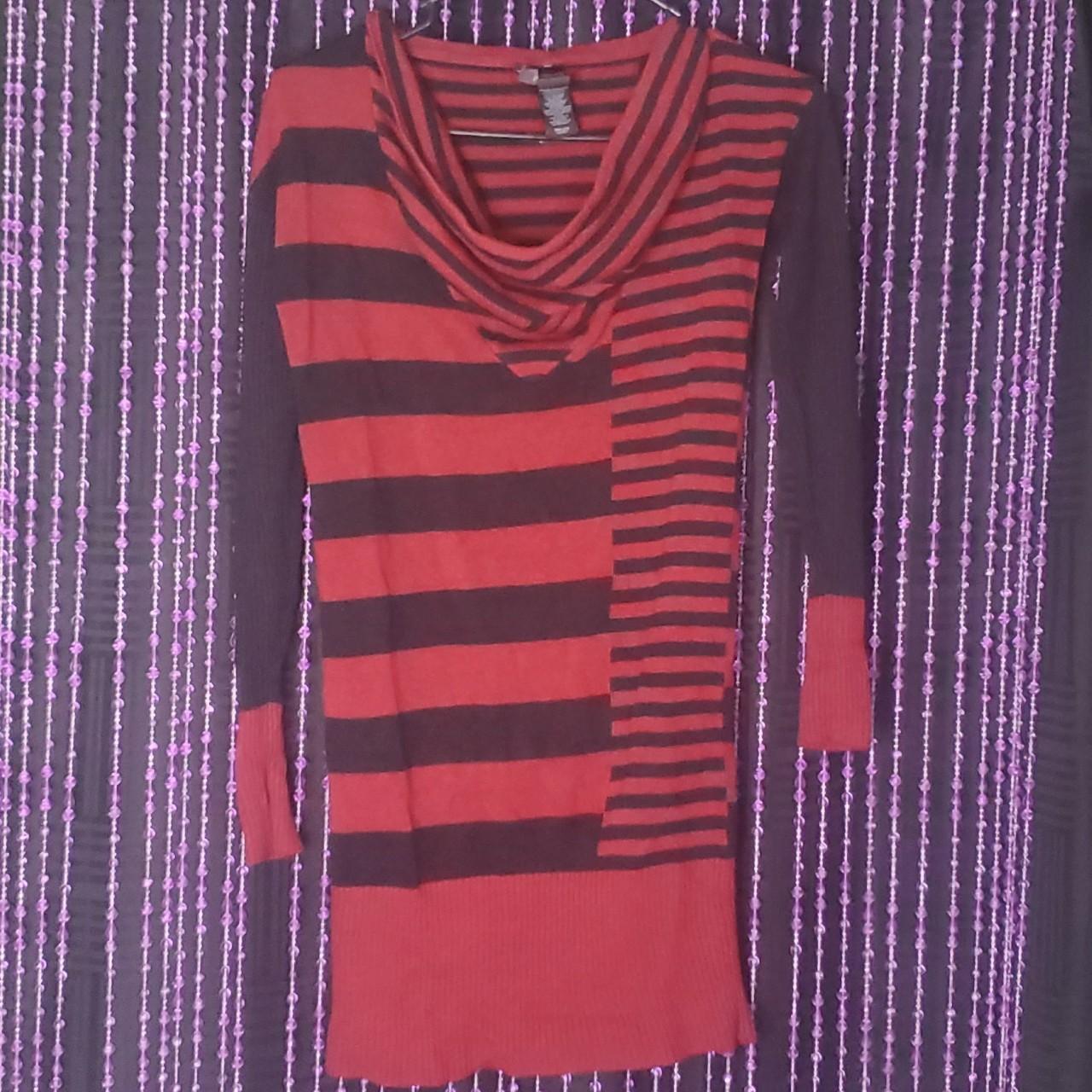 Red and Black Striped Emo Cowell Sweater Size... - Depop