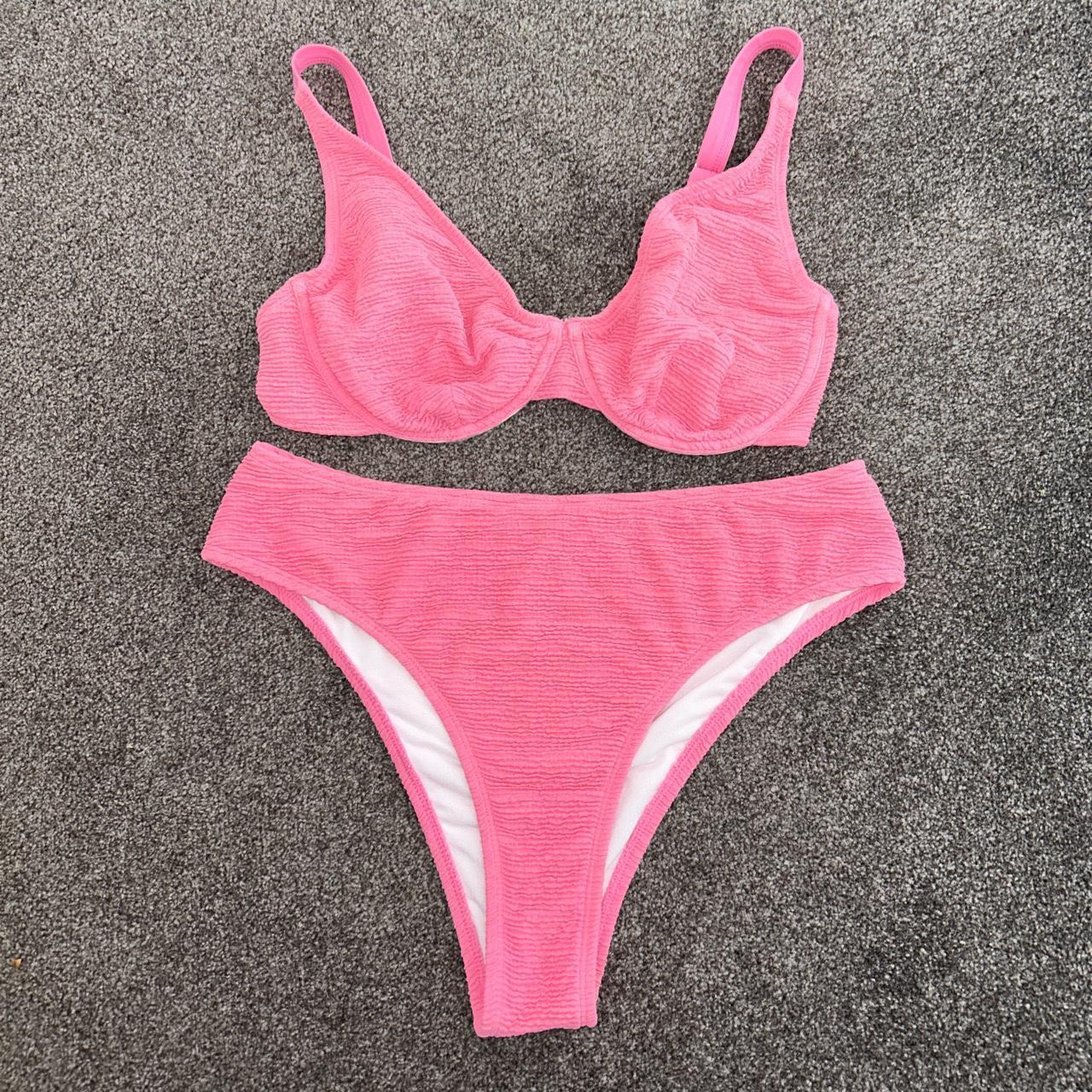 Ivory rose pink crinkle bikini: - bikini top size... - Depop