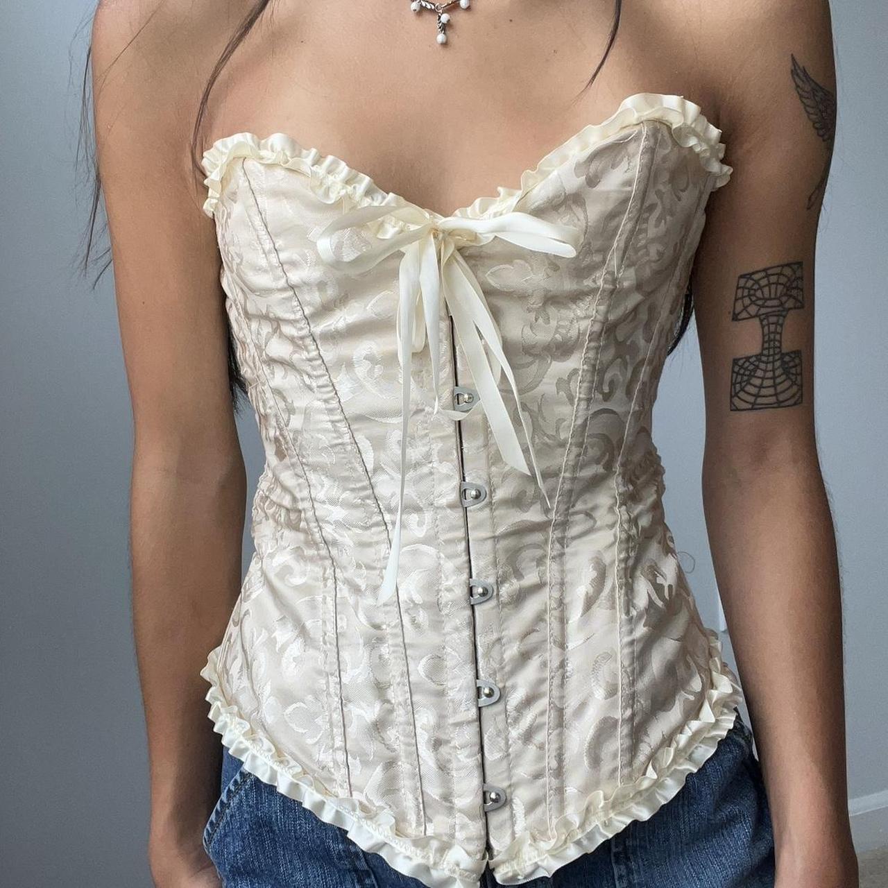 Cream buckle up vintage-style corset with lace up... - Depop