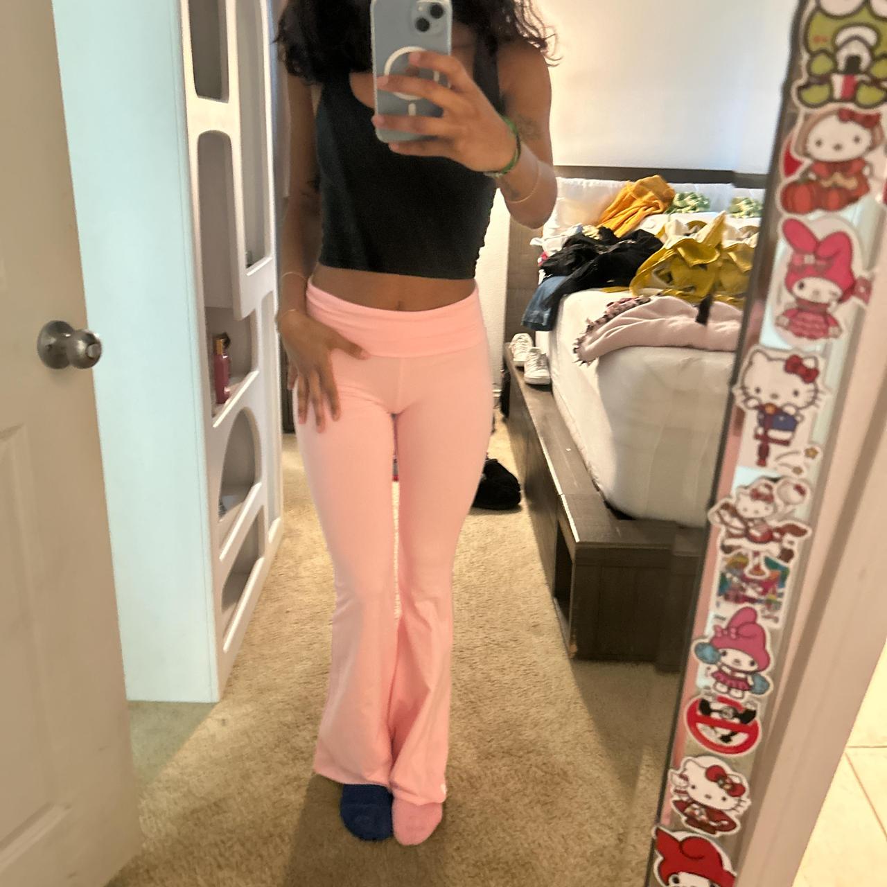 Pink bell bottom leggings Edikted size S - Depop