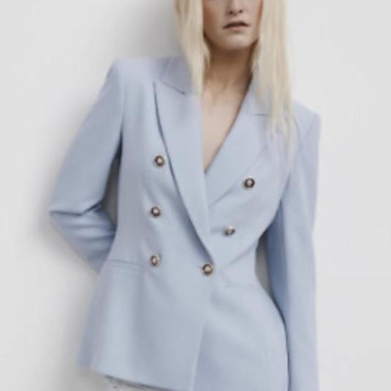Zara double breasted light blue blazer #zarablazer... - Depop