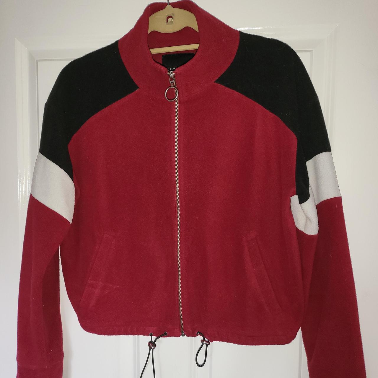 White black and maroon zipped drawstring jumper with... - Depop