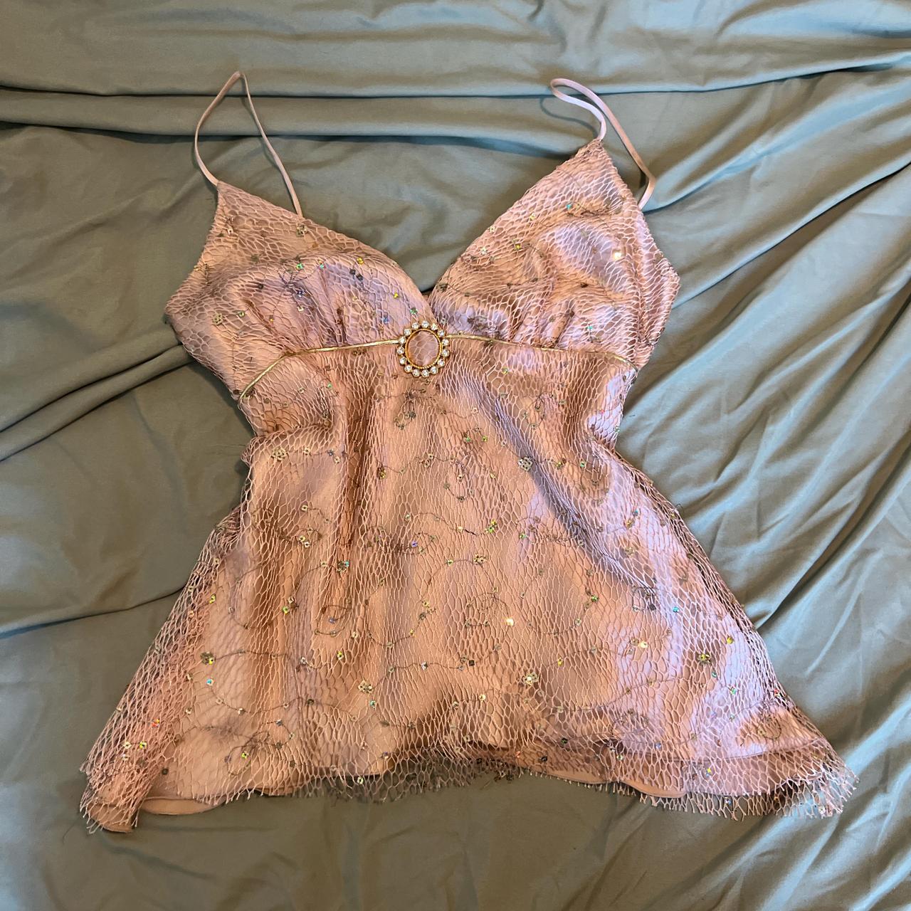 Pink and gold sequin mesh cami top silk with gold... - Depop