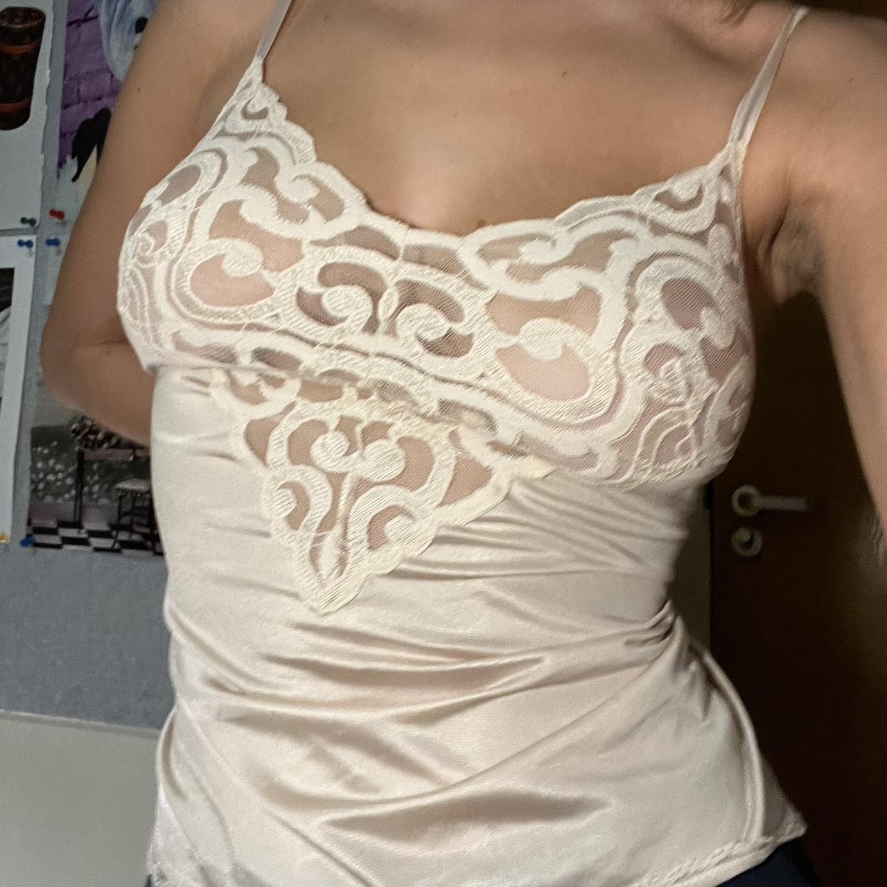 Silky cami top with see through detailing Size 36... - Depop