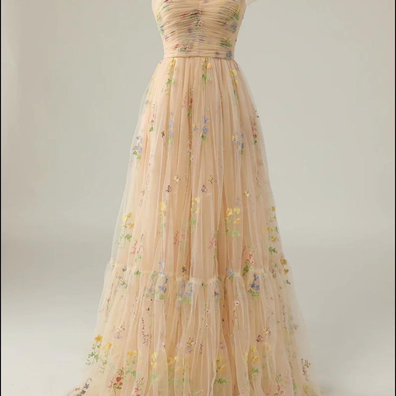 Beautiful prom dress floral embroidered mesh with... - Depop