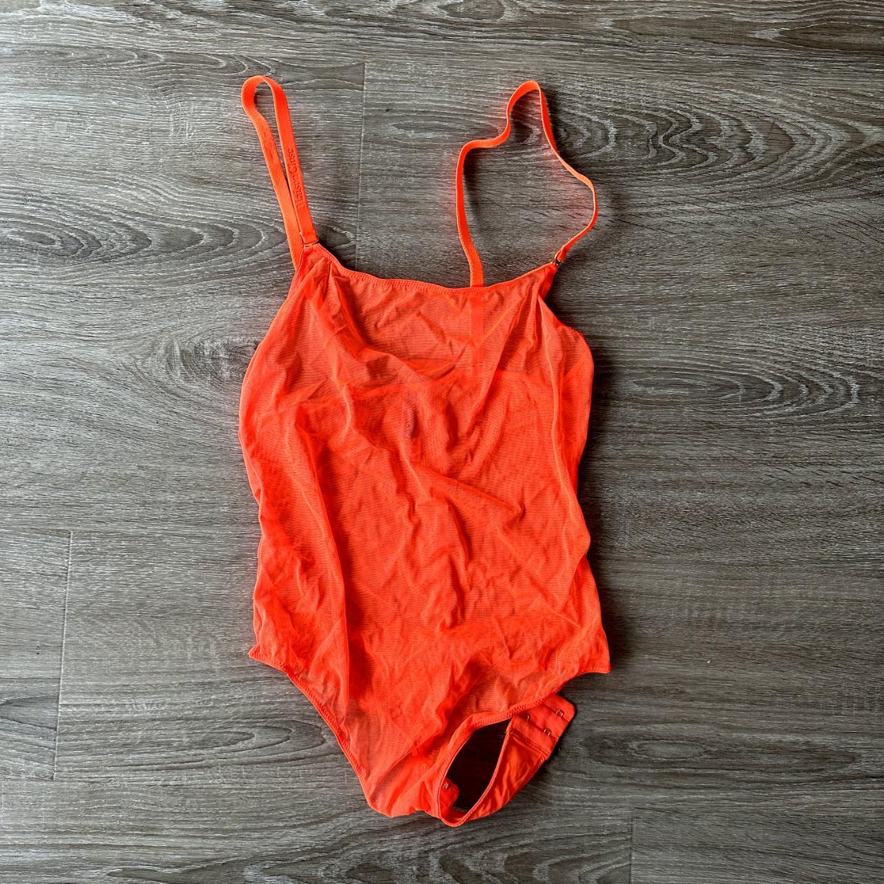neon orange sheer mesh maison close bodysuit, super... - Depop