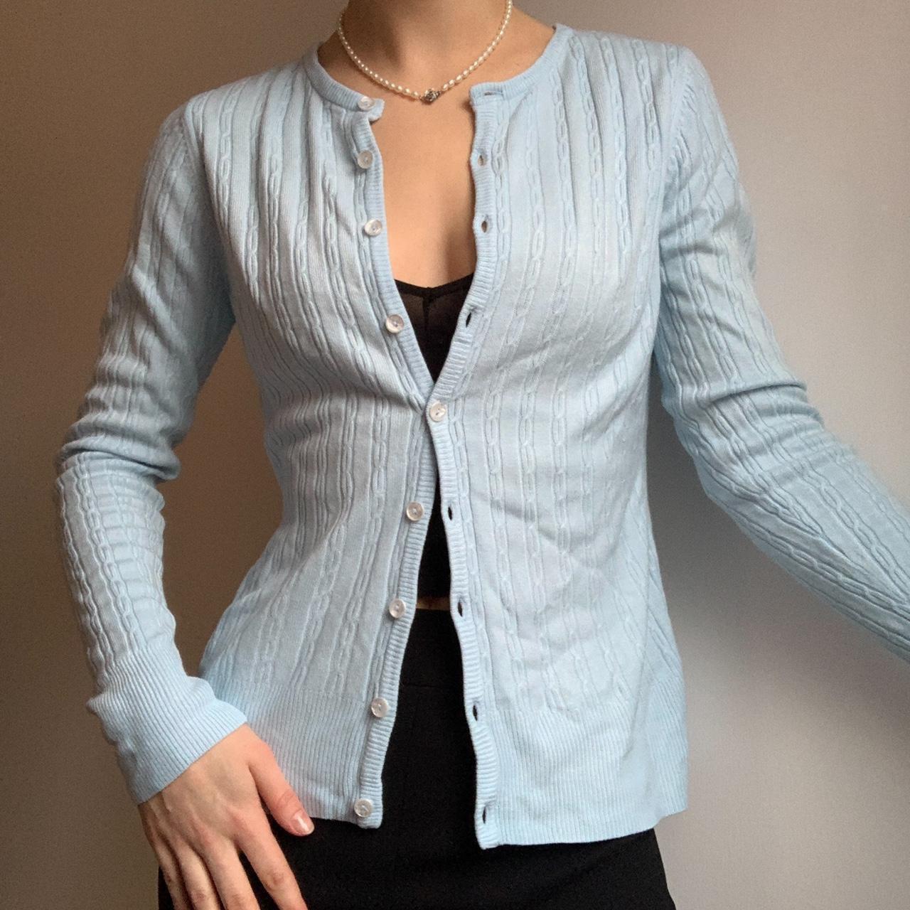Baby blue cardigan y2k Vintage 00s for women cable... - Depop