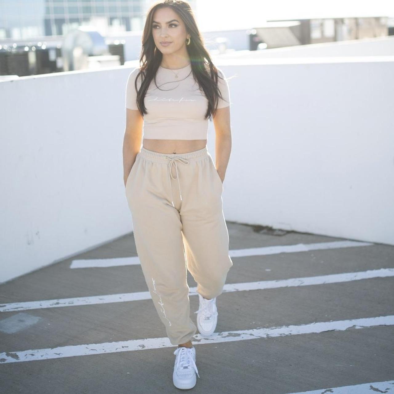 white fox tan sweatpants white cursive size... - Depop