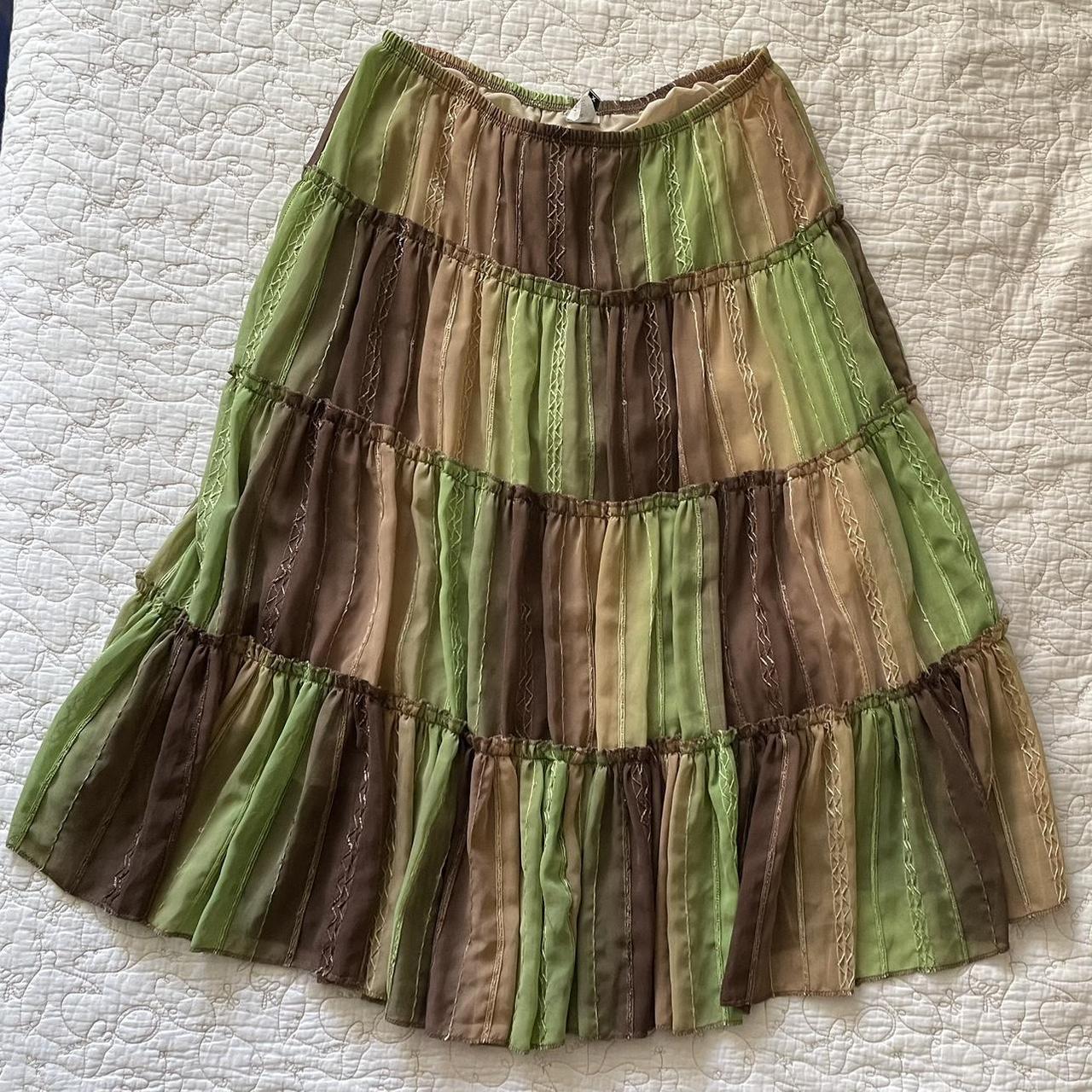 green and brown tones midi skirt with sparkle and... - Depop
