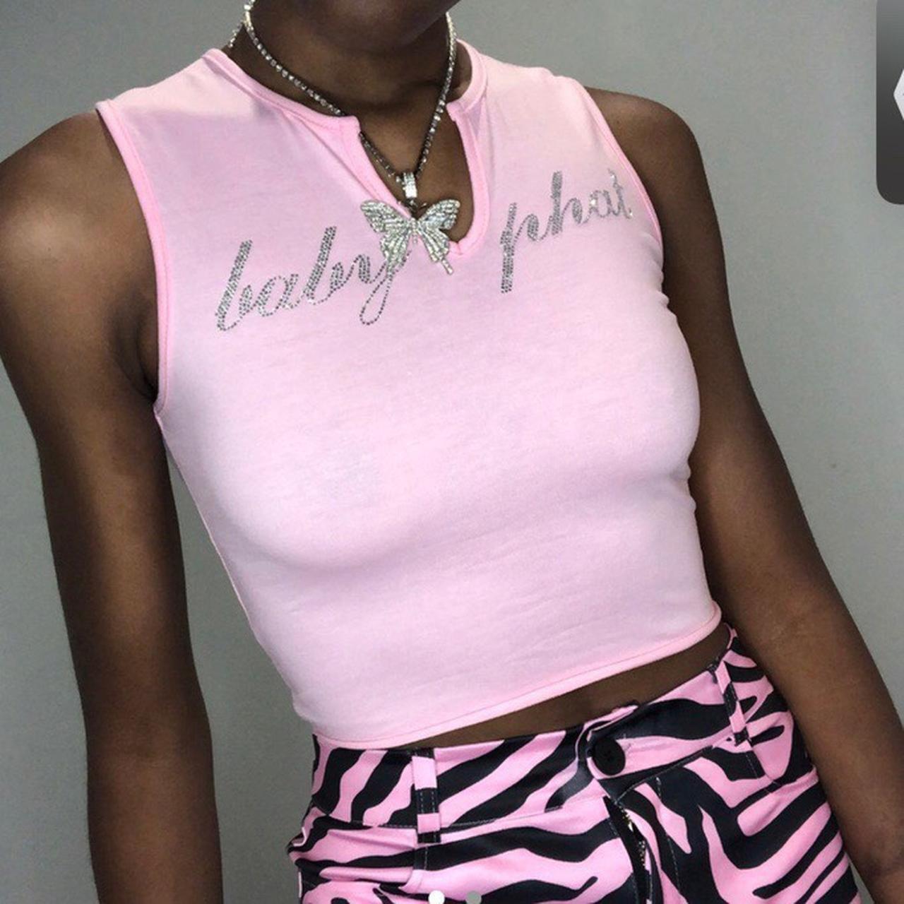 🌸Y2k pink hand bedazzled tank tee 🧡bold sparkly... - Depop