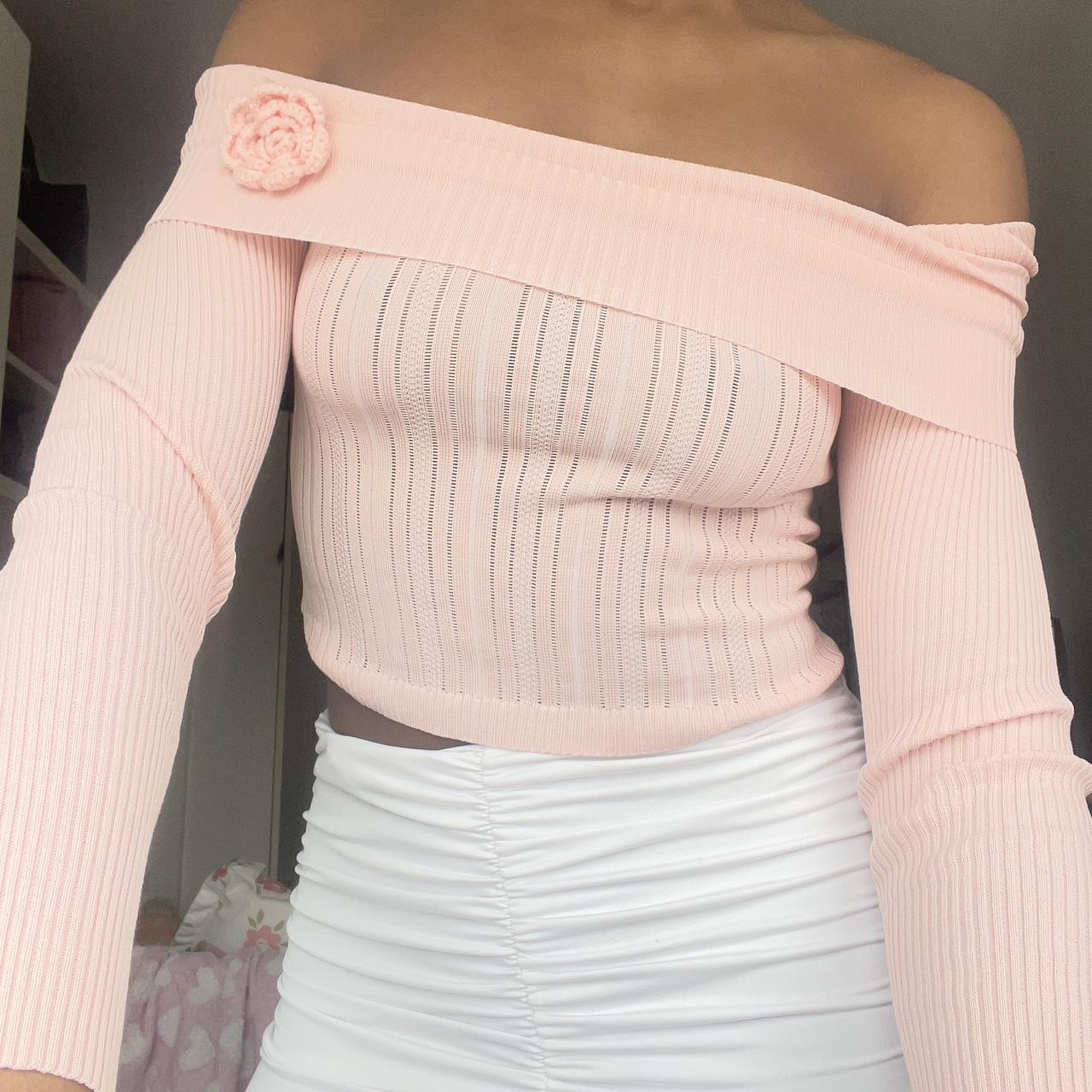 Pink off shoulder knit top. Cute vintage vibe long... - Depop