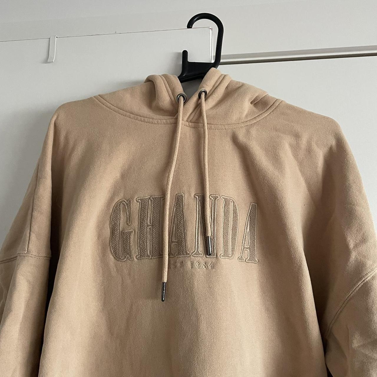 ghanda beige fleece logo hoodie - worn a few times... - Depop