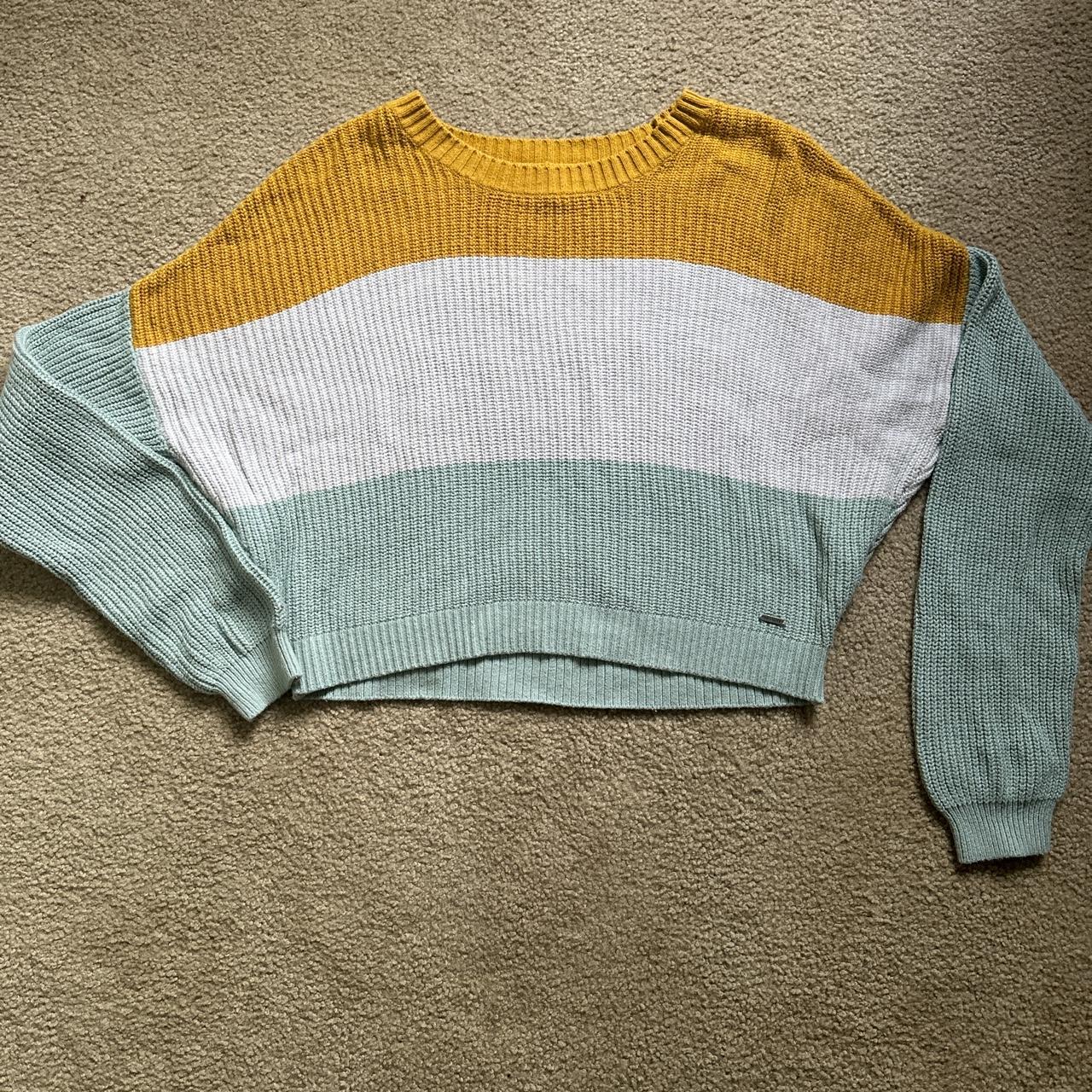 Hollister colorblock sweater Mustard, white, teal... - Depop