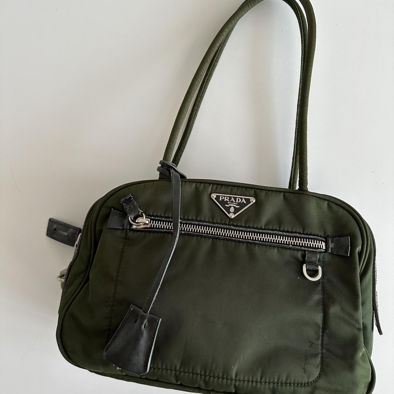 vintage prada green nylon shoulder bag has leather... - Depop