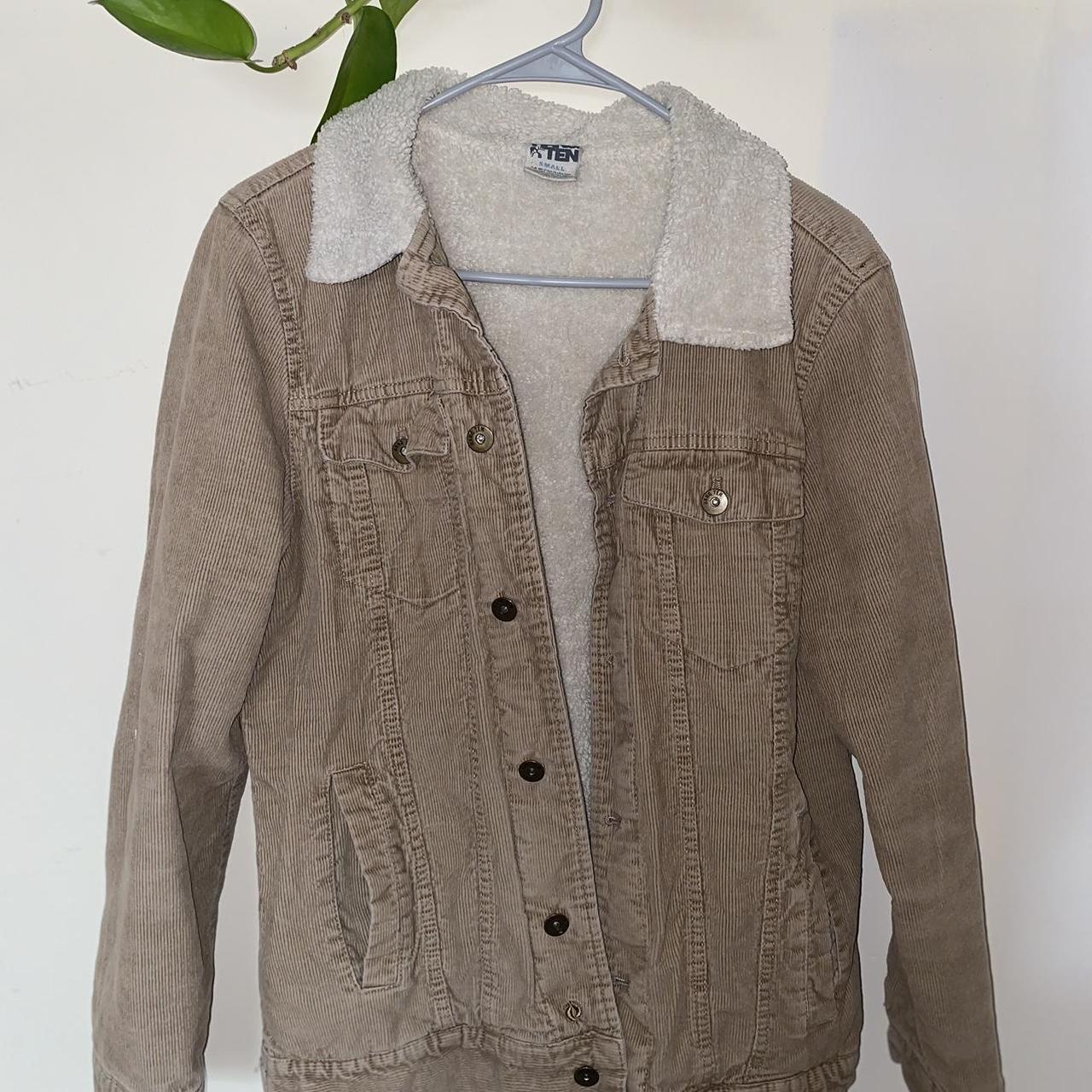 Small Tan Corduroy and Sherpa Hang Ten Jacket - Depop