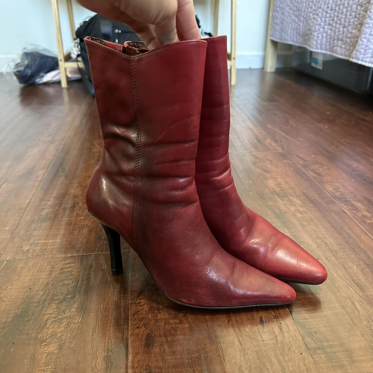 Size 6 cherry Red high heel boots Vintage leather... - Depop