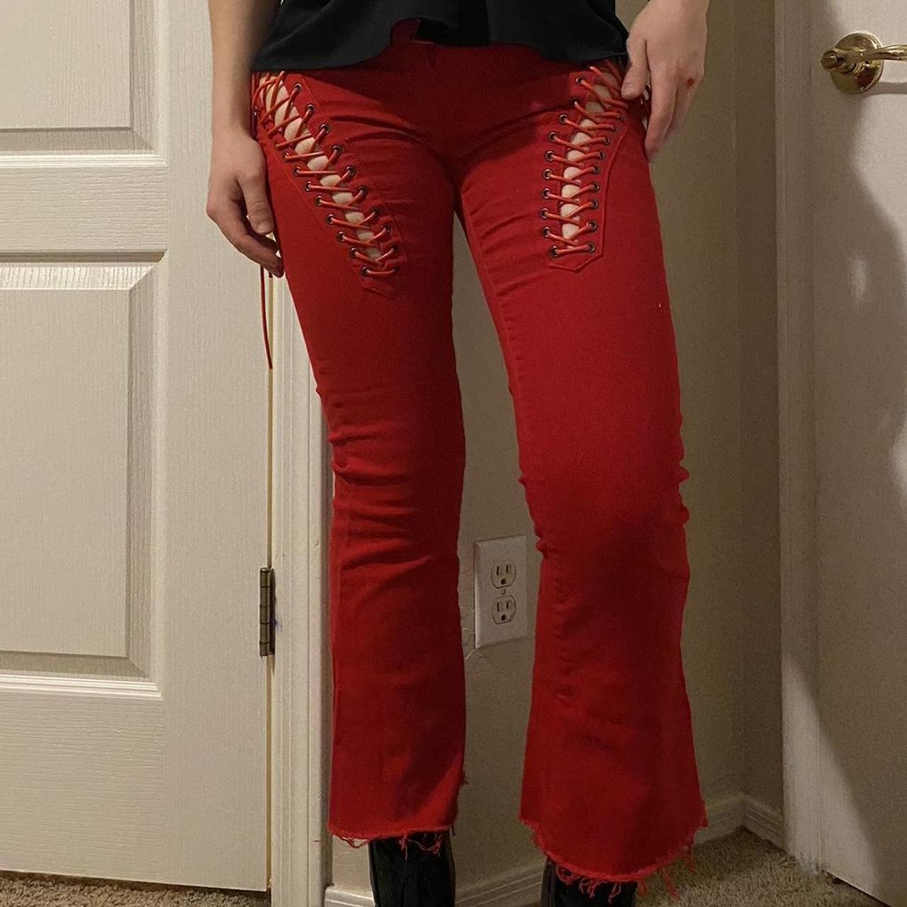 Fun edikted red laced up pants, good condition, size... - Depop
