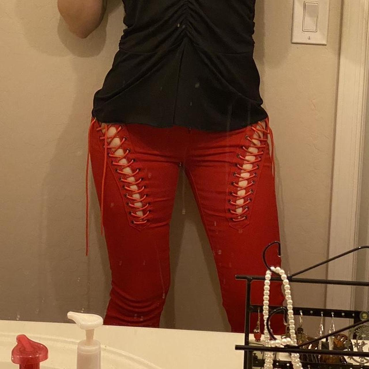 Fun edikted red laced up pants, good condition, size... - Depop