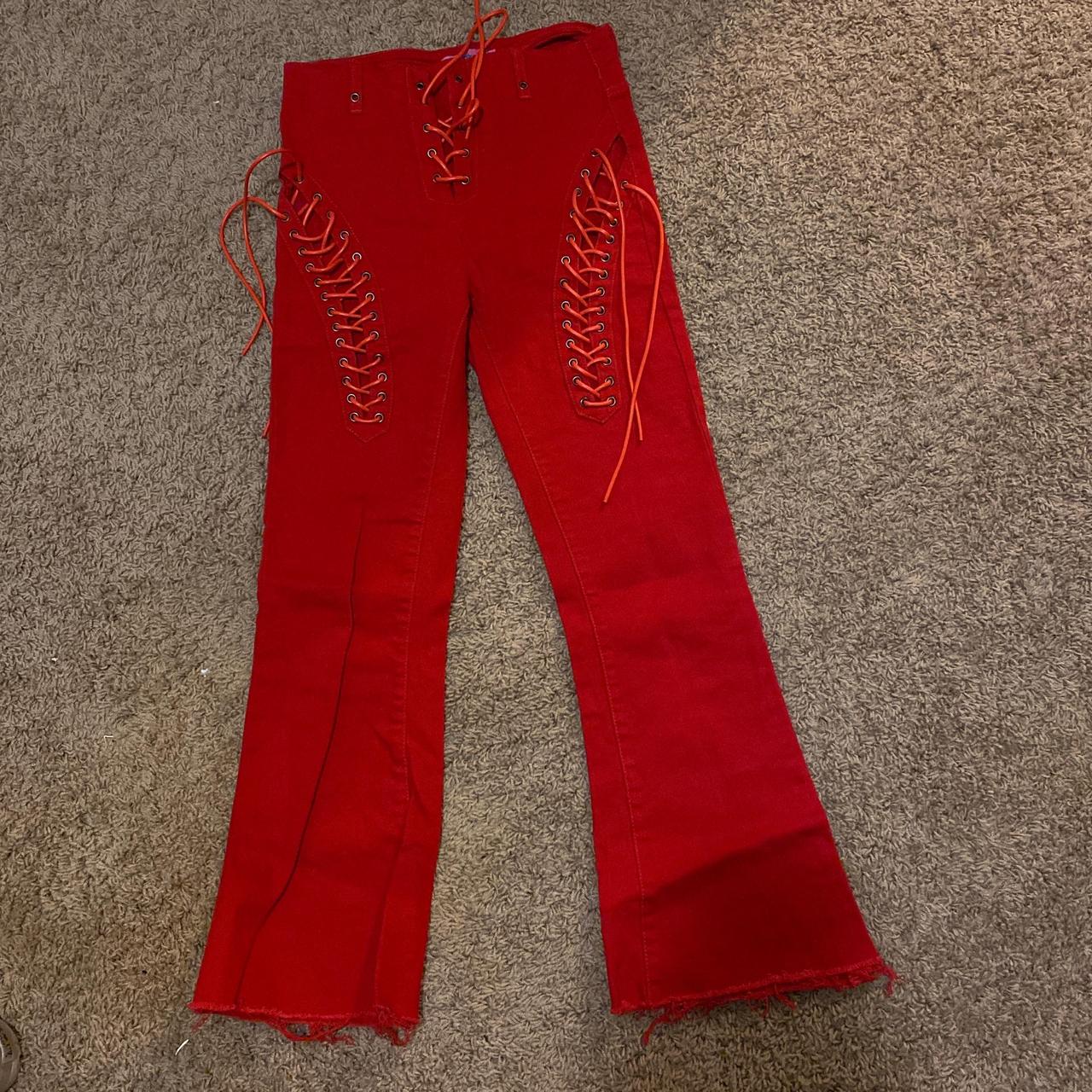 Fun edikted red laced up pants, good condition, size... - Depop